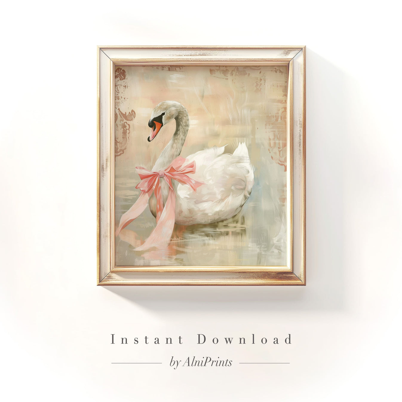 Vintage Swan Painting with pink bow - Nursery wall art – AlniPrints