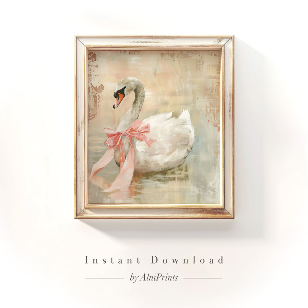 Vintage Swan Painting with pink bow - Nursery wall art – AlniPrints